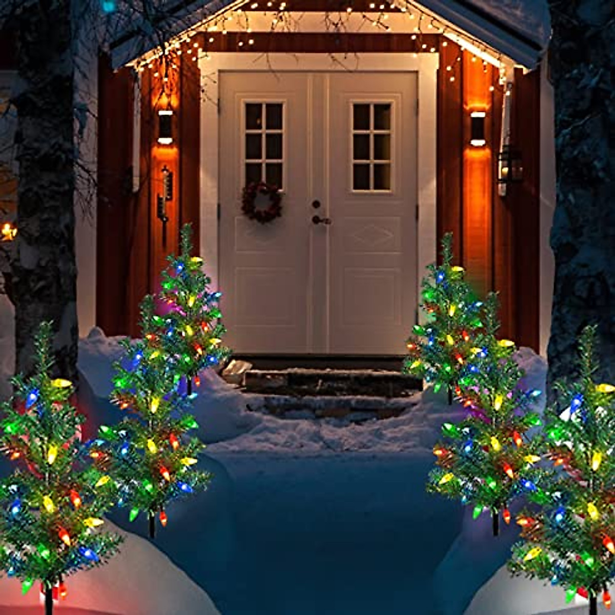 Windpnn Upgraded 4-Pack Solar Christmas Garden Stake Lights, Decorative Xmas Tree Solar Christmas Yard Stake Outdoor Waterproof Christmas Pathway Lights for Christmas Decoration Garden Patio Yard