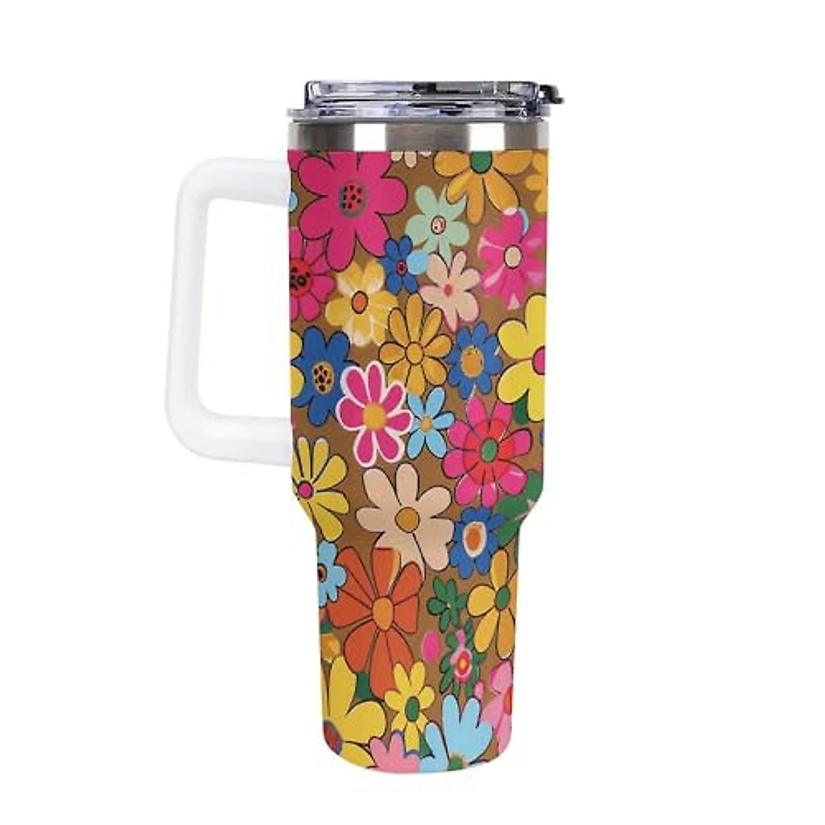 ADASGHBY Large Capacity Car Cup with Straw Lid Bright Flower Style Leakproof Insulated Stainless Steel Tumbler Fits in Car Cup Holder