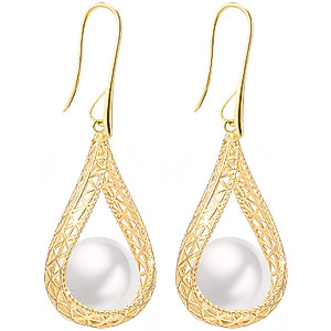 Big White Pearl Dangle Pierced Earrings for Women (White-14K Gold)