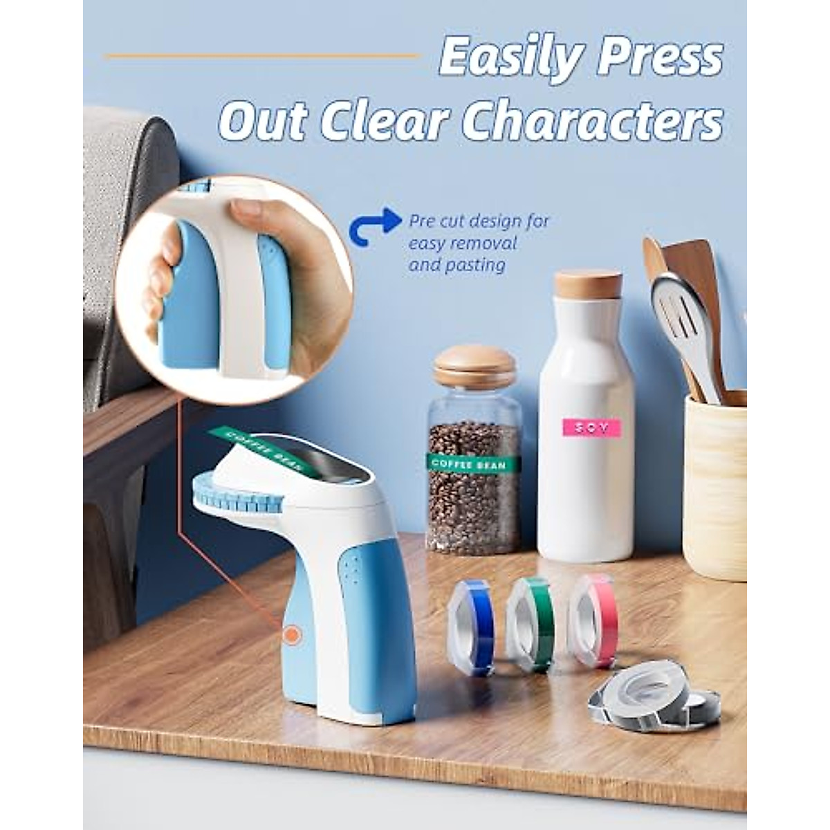 Memoqueen Embossing Label Maker Machine with 3 Tapes，Portable 3D Embosser, Handheld Mini Embossed Label Printer with 3 Label Maker Tape for Small Business Office Home and DIY Crafting-E975 Blue