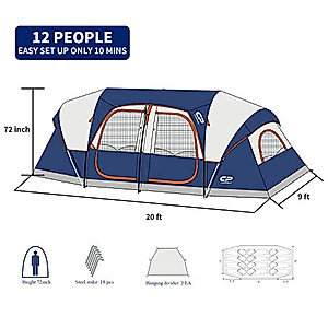 CAMPROS Tent-12-Person-Camping-Tents, Waterproof Windproof Family Tent with Top Rainfly, 6 Large Mesh Windows, Double Layer, Easy Set Up, Portable with Carry Bag, for All Seasons - Blue