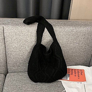 Crochet Beach Bag for Women, Knitted Shoulder Crossbody Handbags, Cute Purses Crocheted Hobo Bag (Color : 02 - Black)