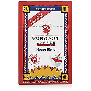 Puroast Low Acid Coffee Single-Serve Pods | House Blend | Medium Roast | Low Acid Certified | pH 5.5+ | Gut Health | Higher Antioxidants | Smooth | Compatible with Keurig 2.0 Coffee Makers (24 Count)