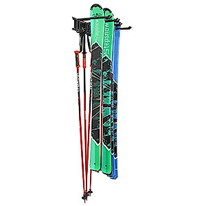 Ski Wall Rack, Holds 4 Pairs of Skis & Skiing Poles or Snowboard, for Home and Garage Storage, Wall Mounted, Heavy Duty, Adjustable Rubber-Coated Hooks