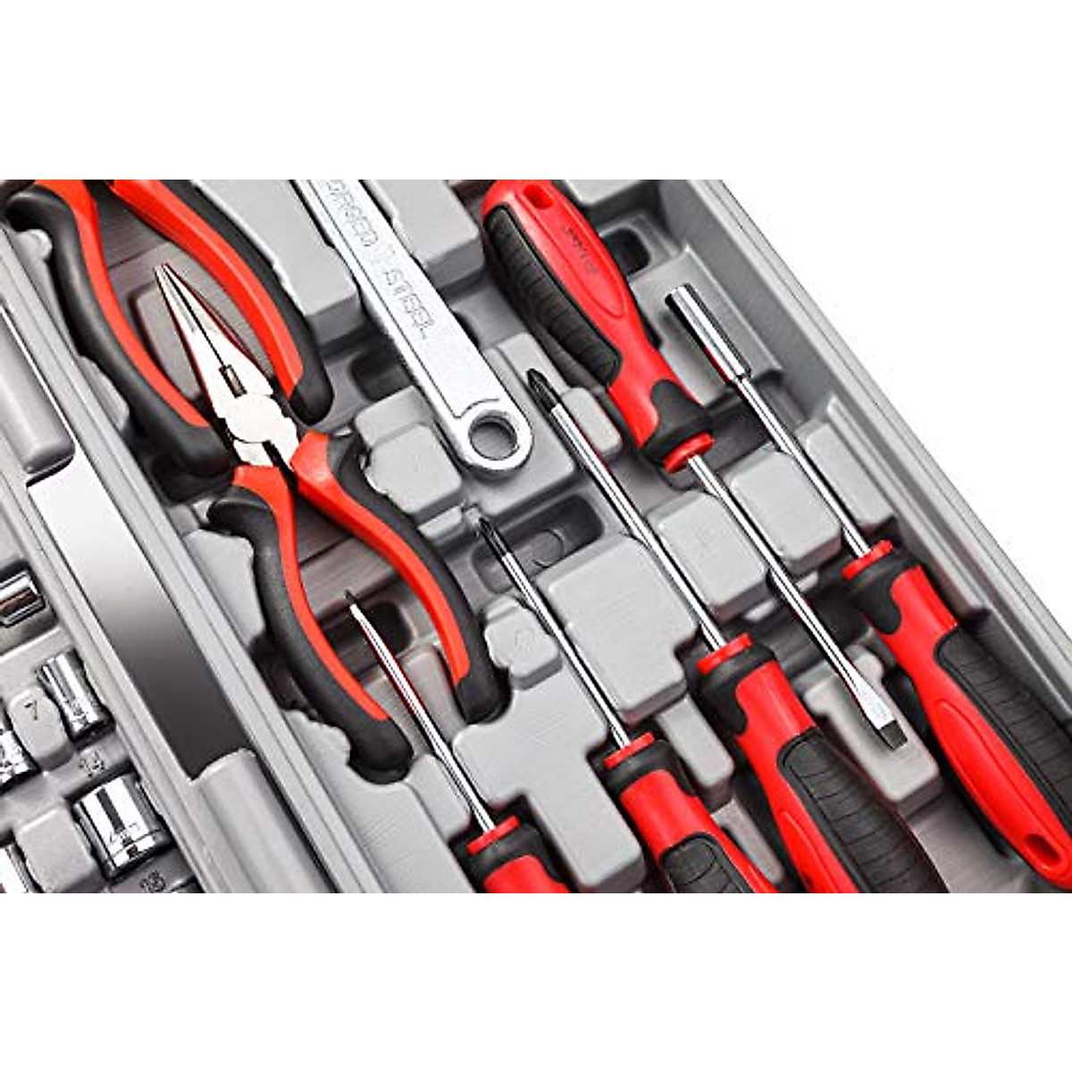 CARTMAN 205 Piece Tool Set Ratchet Wrench with Sockets Kit in Plastic Toolbox Red