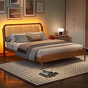 RuiSiSi Queen Bed Frame with LED Lights Rattan Platform Bed Frame with Natural Rattan Headboard (Natural, Queen)