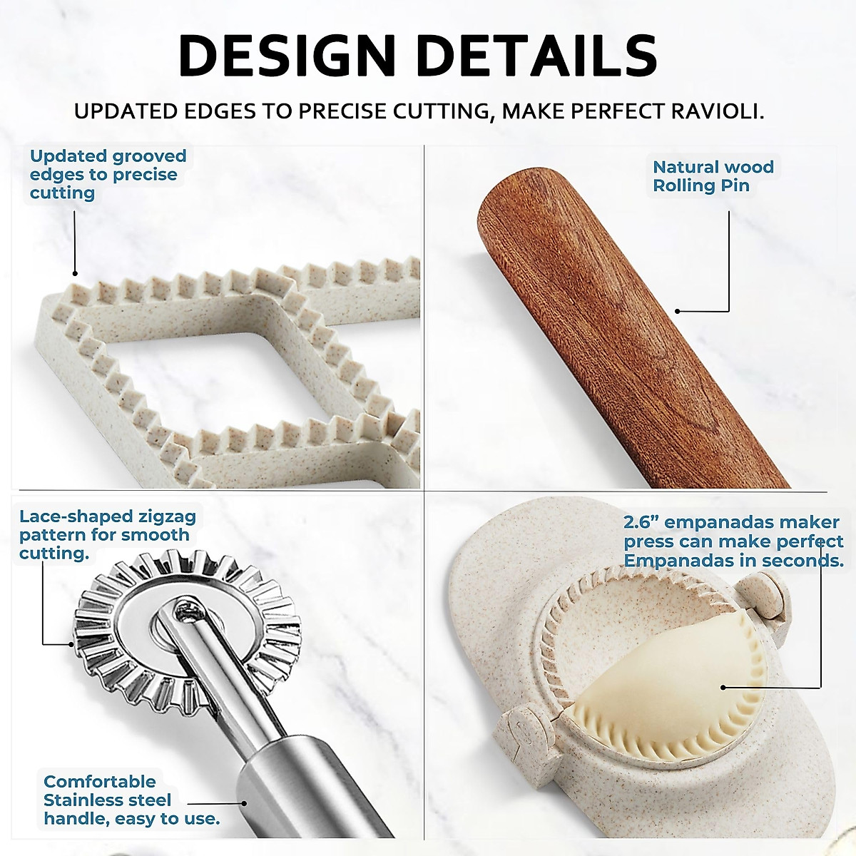 MUMSUNG Ravioli Maker Press, Ravioli Press Mold Set - 1.85" Squares Ravioli Stamp Maker Cutter with Wood Rolling Pin, 2.6" Empanada Maker Press Kit and Ravioli Wheel, Makes 8 Ravioli