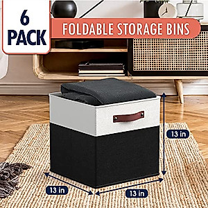 Ornavo Home Foldable Collapsible Storage Box Bins Linen Fabric Shelf Basket Cube Organizer with Leather Handles - Set of 6 - 13 x 13 x 13 - White/Black