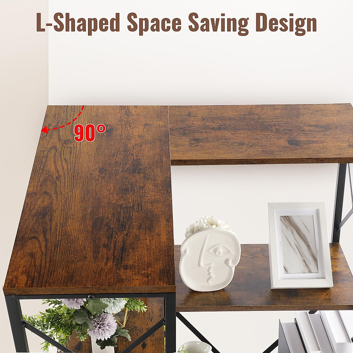 Rengue Bookshelf 5 Tier Corner Shelf, Large Modern Industrial Bookcase L Shaped Storage Display Rack with Heavy Duty Metal Frame for Home Office, Living Room, Bed Room