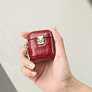 Case Cover for AirPods, YMSMY Genuine Leather AirPods 2 Case AirPods 1 Case with Stainless Steel Gold Buckle, High-end Crocodile Pattern AirPods 1&2 Case (Red)