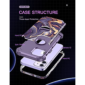 LONTECT for iPhone 12 Case/iPhone 12 Pro Case Shockproof 3 in 1 Heavy Duty Hybrid Sturdy High Impact Rugged Durable Protective Cover Girls Women Case for Apple iPhone 12/12 Pro,Marble/Dark Purple