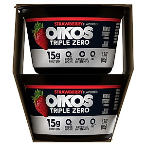 Oikos Triple Zero Strawberry Nonfat Greek Yogurt Pack, 0% Fat, Sugar Free and 0 Artificial Sweeteners, Just Delicious High Protein Yogurt, 4 Ct, 5.3 OZ Cups