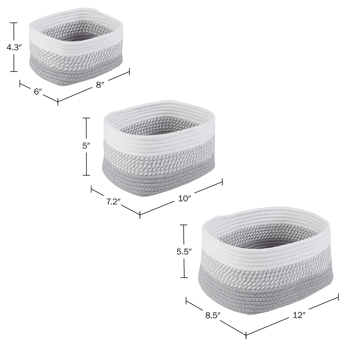 Home-Complete 3-Piece Set Small, Medium, and Large Rope Baskets for Makeup, Towel, Nursery, Office, and Classroom Storage, White and Gray