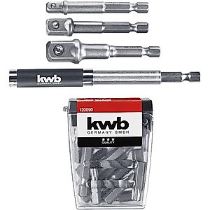 kwb 120090 23-Piece Bit Set Including Socket Adapter and Bit Holder 80 mm/Extendible to 118 mm for Cordless Screwdrivers, Socket Spanner Square Adapter