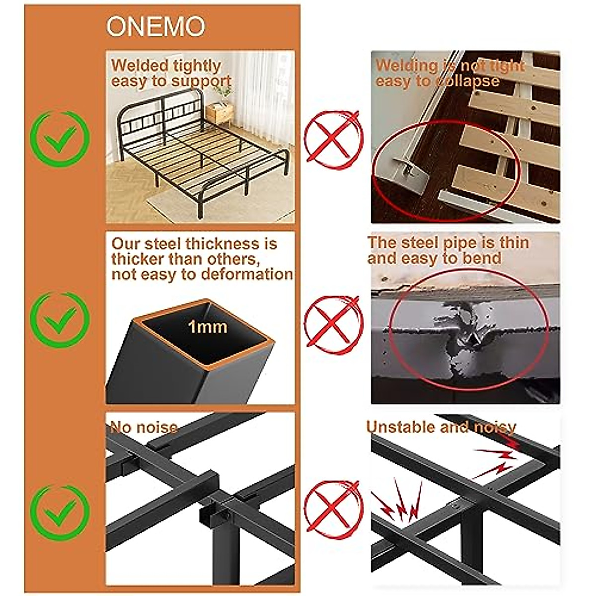 ONEMO 14 Inch California King Bed Frame with Headboard and Footboard Metal Platform Bed Frames Heavy Duty Mattress Foundation Quiet and Anti-Slip No Box Spring Needed Black