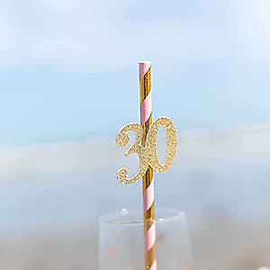 30th Birthday Decor Paper Straws – Metallic Rose Gold & Blush Reusable Straws – Party Straws for Birthday Decorations – Glitter Straws w/Cut-Out Number 30 – Set of 10