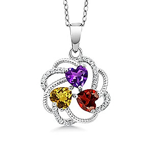 Gem Stone King 925 Sterling Silver Build Your Own Personalized 3 Heart Shape Birthstones Fashion Love Mothers Flower Blossom Pendant Necklace For Women with 18 Inch Chain