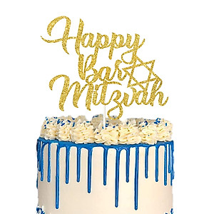 LILIPARTY Gold Glitter Happy Bar Mitzvah,Mitzvah Cake Topper,Elegant Star of David Mitzvah Cake Topper,Jewish Birthday Cake Topper,Jewish Holiday Party Supplies