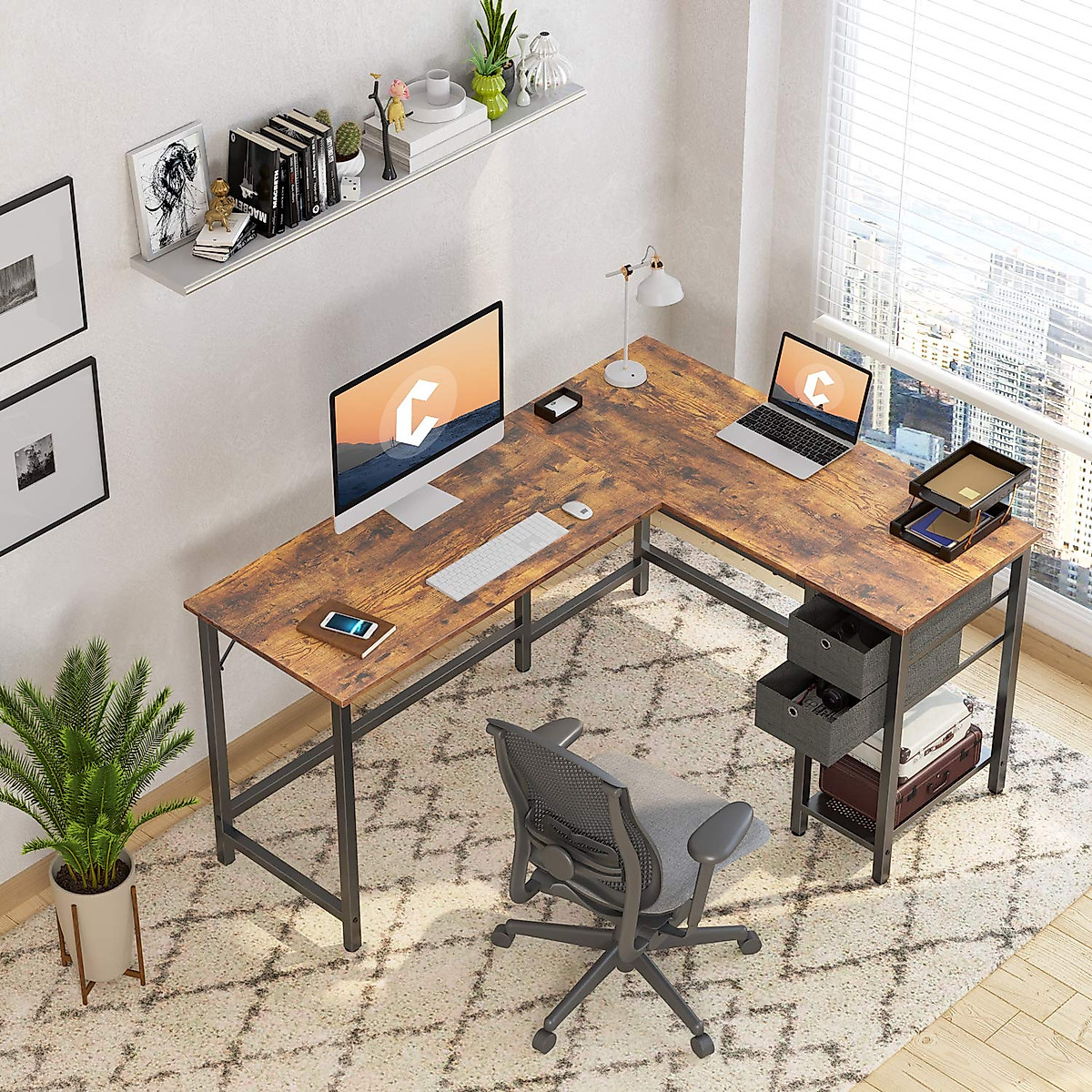 Cubiker L-Shaped Computer Desk, Gaming Corner Desk with Non-Woven Drawer, Home Office Sturdy Writing Table, Space-Saving, Easy to Assemble
