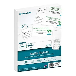 PrintWorks Raffle Tickets, Perforated Cardstock for Tickets with Tear-Away Stubs, 8.5 x 11, 67lb/147gsm, 4 Tickets Per Sheet, 250 Sheets, 1000 Tickets Total, White (04295) (2.75 x 8.5)