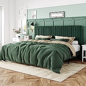 Allewie King Bed Frame, Velvet Upholstered Platform Bed with Adjustable Vertical Channel Tufted Headboard, Mattress Foundation with Strong Wooden Slats, Box Spring Optional, Green
