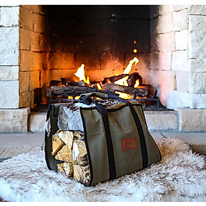WHITEDUCK TUFF Large Firewood Carrier 21 Oz. Heavy Duty Waxed Canvas Log Carrier Holder for Fireplace, Carrying Wood Indoor & Outdoor (Olive, Rectangle (39"x18"))