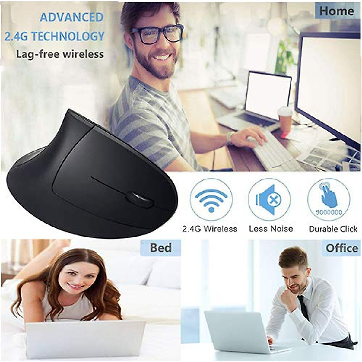 Acedada Ergonomic Mouse, Vertical Wireless Mouse, Rechargeable Optical Ergo Mice, 800/1200 /1600 DPI, 5 Buttons for Laptop, Desktop, PC, MacBook - Black