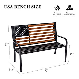 Attliahome 50" Outdoor Garden Bench, Cast Iron Metal Frame Patio and Porch Welcome Benches with American Flag Backrest and Weatherproof Seat, Park Decorative Memorial Bench (Black & Woodgrain Colors)
