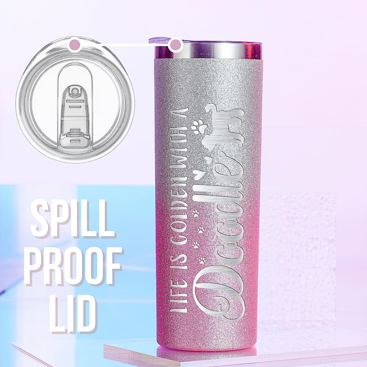 Onebttl Goldendoodle Gifts for Women & Girl, 20oz Stainless Steel Insulated Tumbler, Novelty Golden Doodle Gifts for Dog Lovers, Golden Doodle Dog Mom Gifts - Life is Golden with A Doodle - Pink