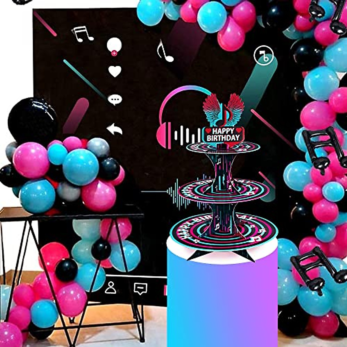 GLURUITE Tik Music Cupcake Stand 3-Tier Musical Birthday party decorations, Tok Musical Cupcake Tower for Music Themed Party Supplies Favors