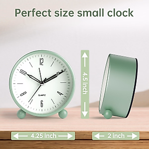 Analog Alarm Clock, 4 inch Super Silent Non Ticking Small Clock with Night Light, Battery Operated, Simply Design, for Bedroon, Bedside, Desk, (Green)