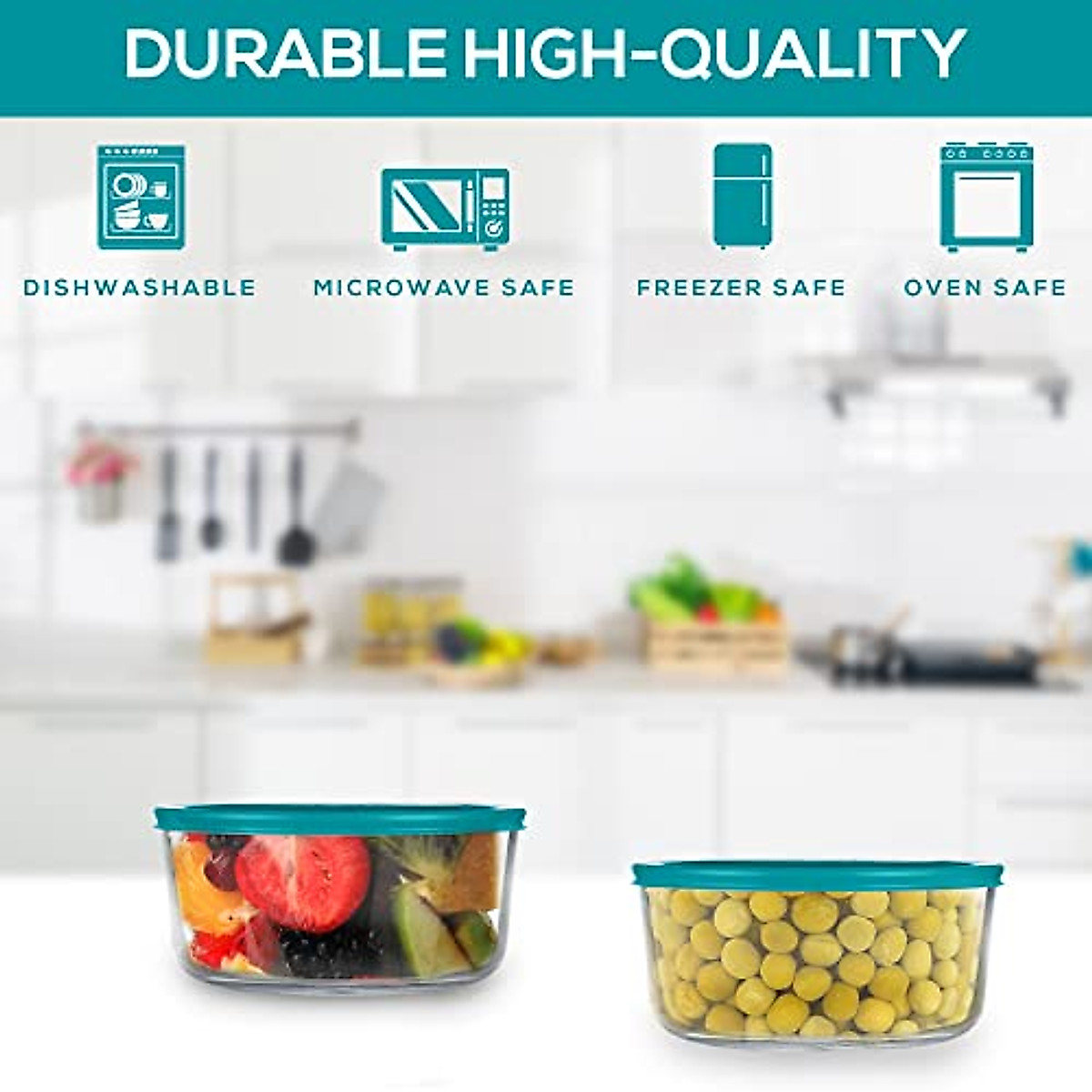 Klareware 4 Cup Glass Food Storage Containers Stackable Meal Prep Lunch Bento or leftover salad bowls Dish w BPA Free Lids (Turquoise)