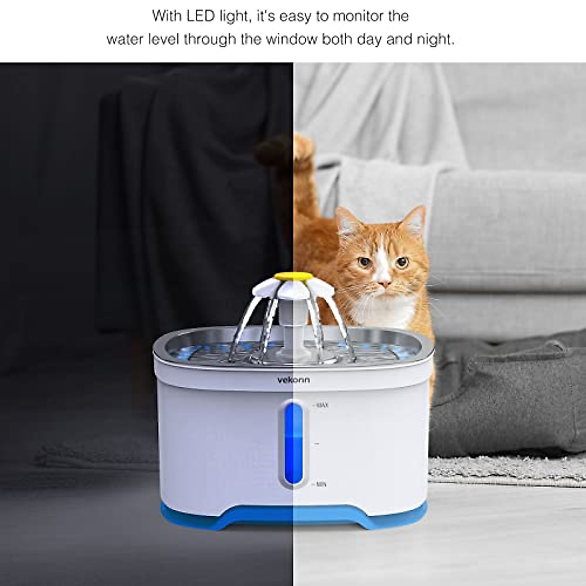 Vekonn Cat Water Fountain with Stainless Steel Top, 2.5L Pet Water Fountain with Led Light and Water Level Window