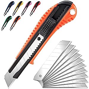TIFICAL Box Cutter, Multi-Purpose Utility Knife for Cutting Depth, Box Cutter Retractable with 18MM-Wide 10 Blades for Replacement, Anti-Slip Handle Box Knife for Cartons, Cardboard And Boxes (Orange)