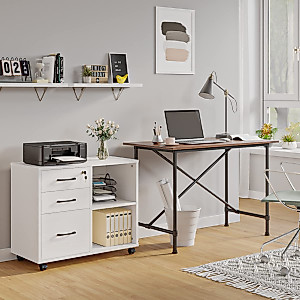 3 Drawer Office File Cabinets, Mobile Lateral Printer Stand with Open Storage Shelf, Rolling Filing Cabinet with Wheels Home Office Organization and Storage (White)