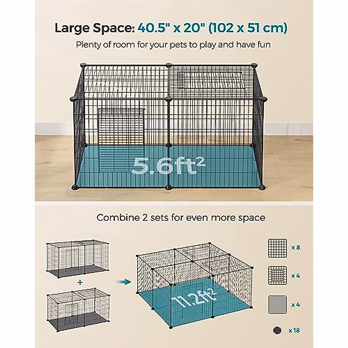 SONGMICS Small Animal Playpen, Pet Cage with Top and Base, 2 Doors, Easy to Clean, Metal Wire Guinea Pig Pen for Rabbits, Hamsters, Hedgehogs, XL, 40.5 x 20 x 20 Inches, Black ULPI010B01