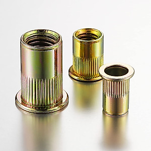 Wensilon 200Pcs Rivet Nut 1/4-20UNC Yellow Zinc Plated Finish Flat Head Rivnut Threaded Insert Nut Knurled Body
