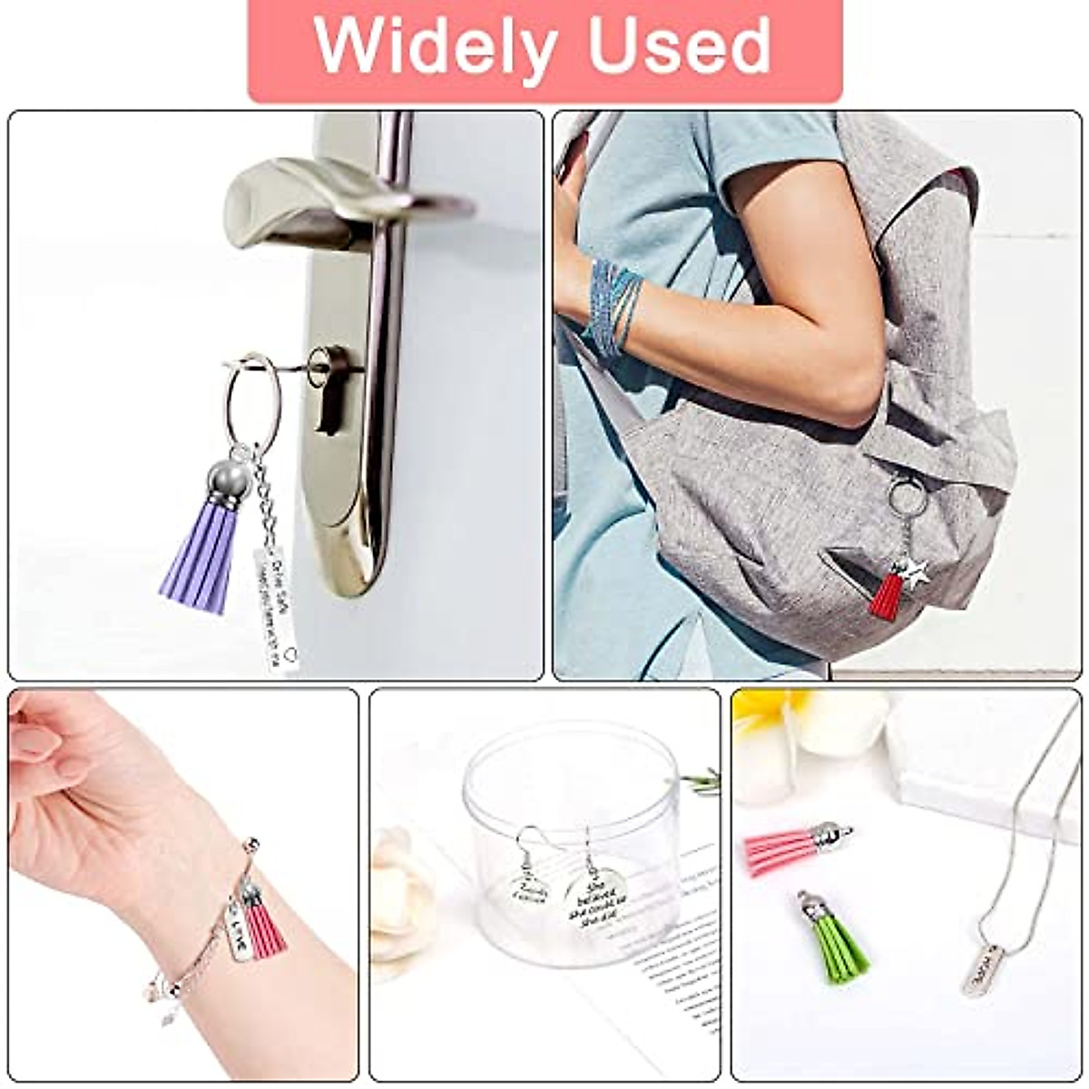 350Pcs Motivational Keychain Accessories Set with 50 Engraved Inspirational Words Charms, 50 Leather Keychain Tassels, 50 Keyring with Chain, 200 Open Jump Rings for Keychain Making, DIY Crafting