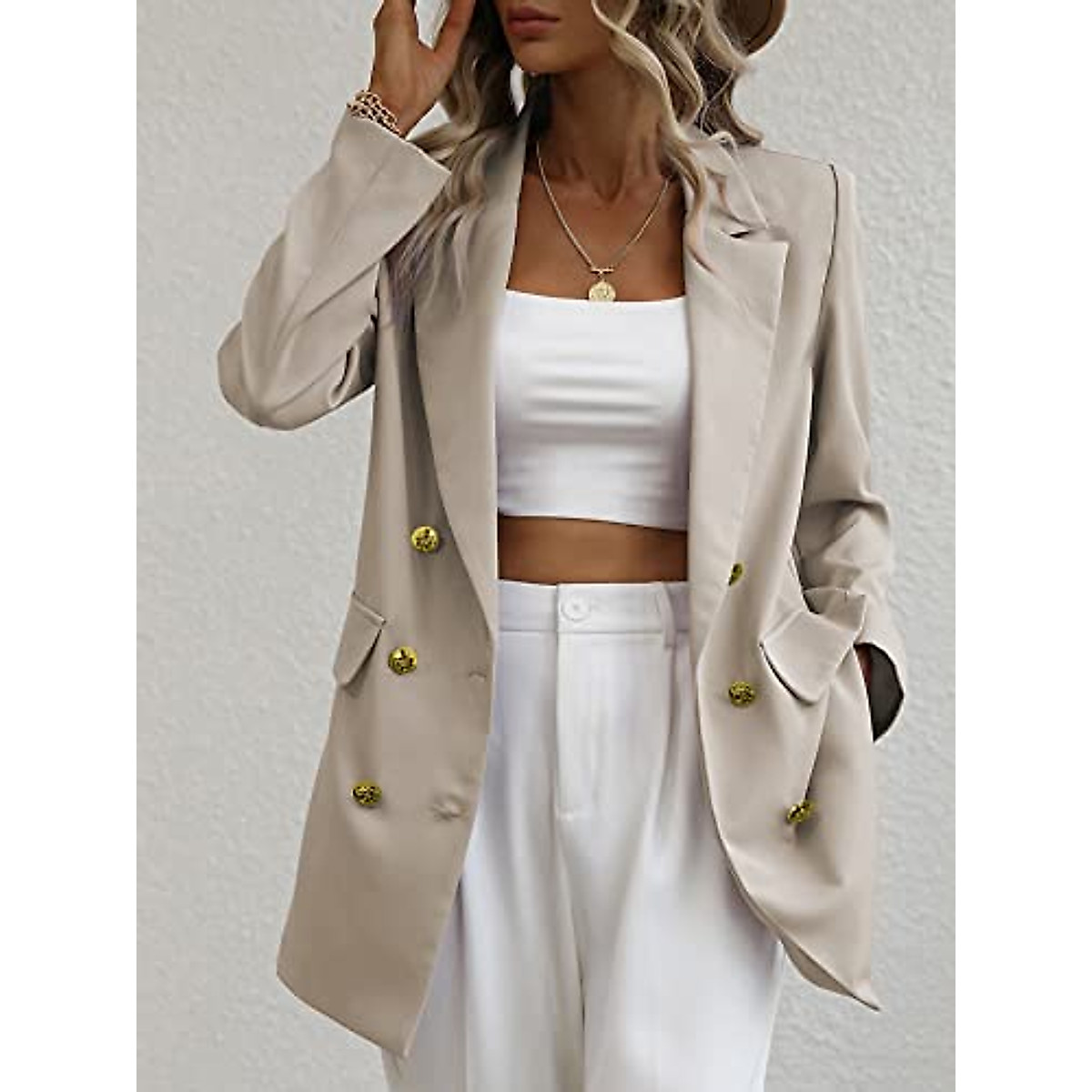 Lueluoye Women's Casual Blazers Long Sleeve Open Front Gold Button Work Office Blazer Jackets with Pockets Khaki M