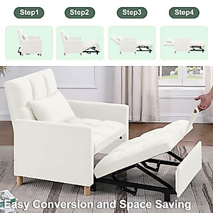 HANLIVES 3-in-1 Single Convertible Chair Bed,Sleeper Sofa Chair Bed with Pillow,Multi-Functional Sleeper Chair with Adjustable Backrest,pullout Sofa Bed with Velvet Fabric for Apartment(White)