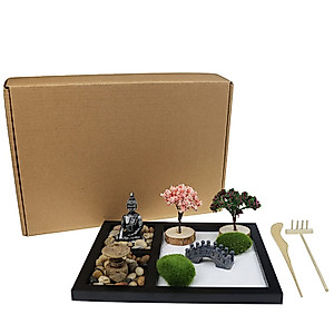 Japanese Zen Garden Desk with Rake, Stand, White Sand Artificial Bonsai Tree, Rock and Mini Buddha Statue. Meditation Zen Gift Kit, Home Desk Accessories-Meditation Gift