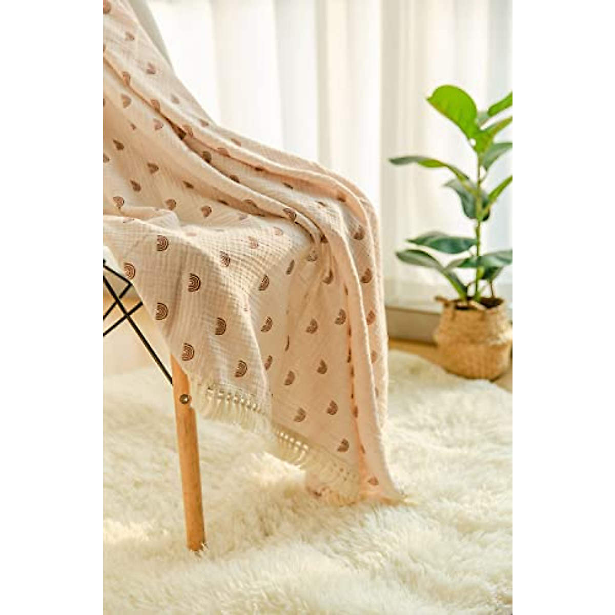 CHUNGEL Cotton Baby Muslin Tassles 40"x 47", Baby Receiving Blanket with Fringe, Boho Muslin Swaddle Blanket with Fringe- Earth Rainbow…
