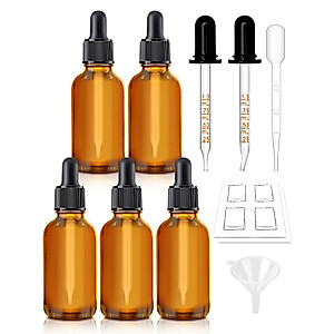 Bumobum 5 Pack, 1 oz Dropper Bottle with 2 Extra Graduated Calibrated Glass Dropper (1ml), Amber Glass Dropper Bottle 30ml Empty Dark Brown Tincture Bottles Eye Dropper for Essential Oils, Liquids