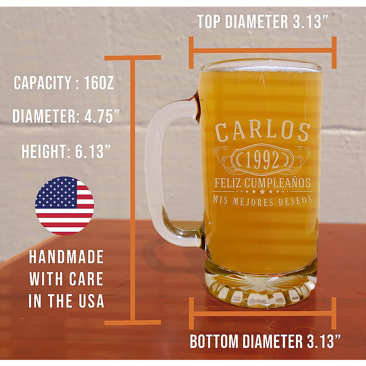 Personalized Gifts for Men Etched 16oz Glass Beer Mug - Customized Beer Gifts for Men, 40th Birthday Gifts for Brother, Custom Gifts for Him Man Father Dad, Regalos Personalizados para Hombre, Bernard