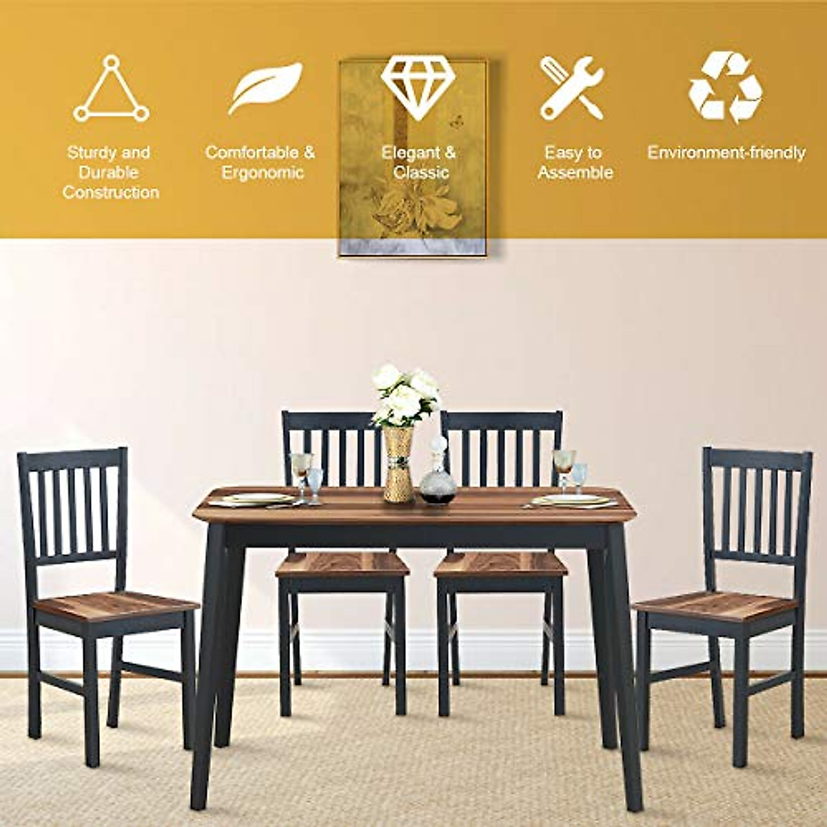 COSTWAY Set of 4 Dining Chairs, Dining Room Side Chair with Slat Back, Rubber Wood Legs Armless Chair with Black Base and Walnut Seat Ideal for Home, Kitchen, Dining Room