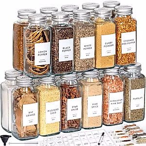 Laramaid 8oz 24Pack Glass Jars with Minimalist White Premium Spice Labels, Shaker Lids Dispenser with Airtight Silver Metal Caps, Black Pen, Cleaning Brush & Collapsible Silicone Funnel
