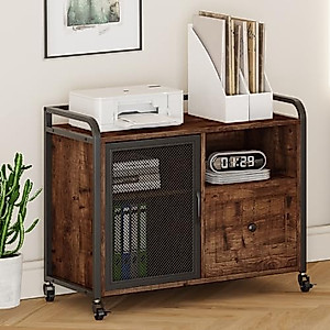BON AUGURE Filing Cabinet for Home Office, Rolling Lateral File Cabinet with Storage, Wood Metal Printer Stand with Drawer Under Desk (Rustic Oak)