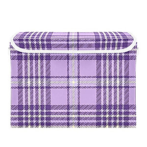 Kigai Storage Basket Purple Square Plaid Storage Boxes with Lids and Handle, Large Storage Cube Bin Collapsible for Shelves Closet Bedroom Living Room, 16.5x12.6x11.8 In