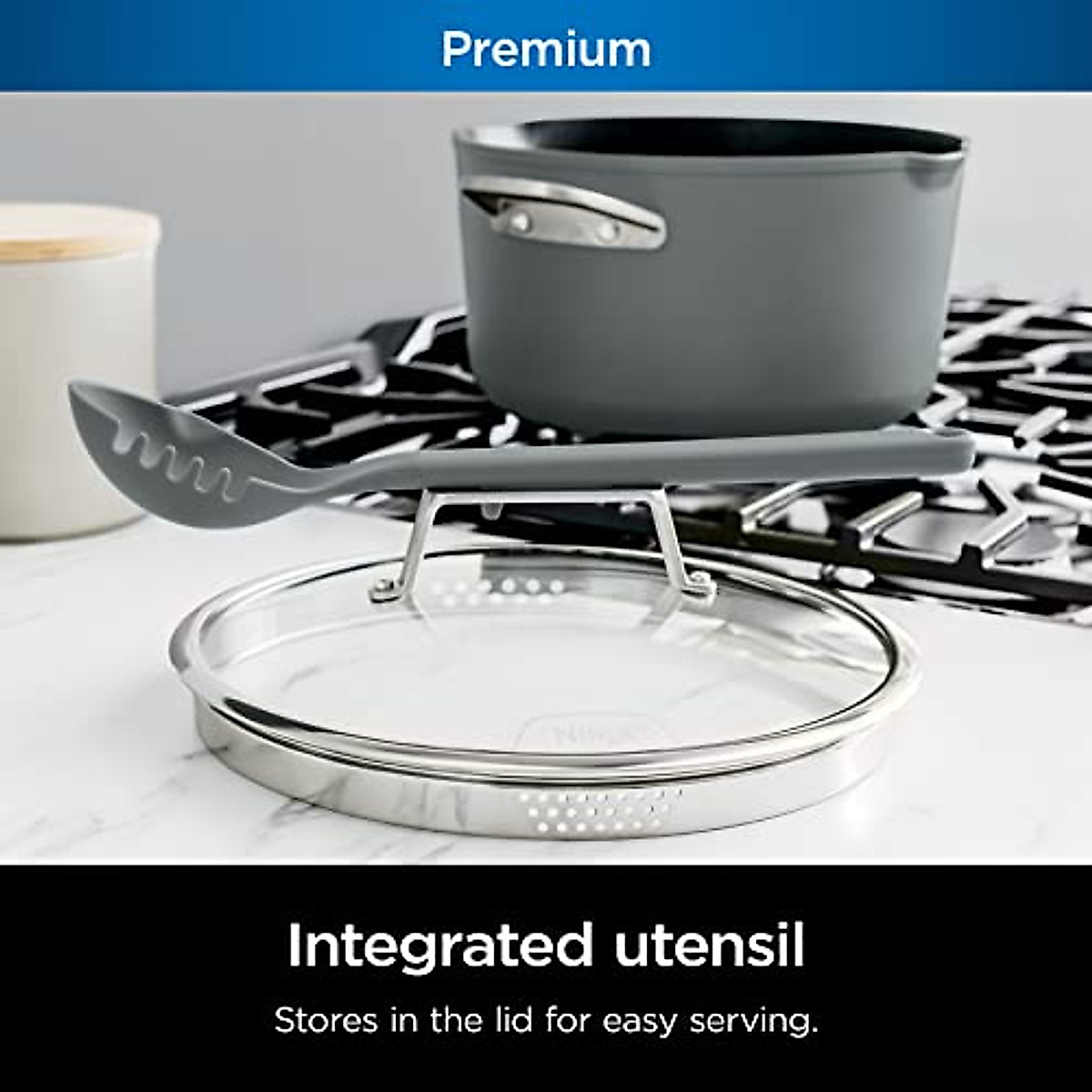 Ninja CW202GY Foodi NeverStick PossiblePot, Premium Set with 7-Quart Capacity Pot, Roasting Rack, Glass Lid & Integrated Spoon, Nonstick, Durable & Oven Safe to 500°F, Sea Salt Grey