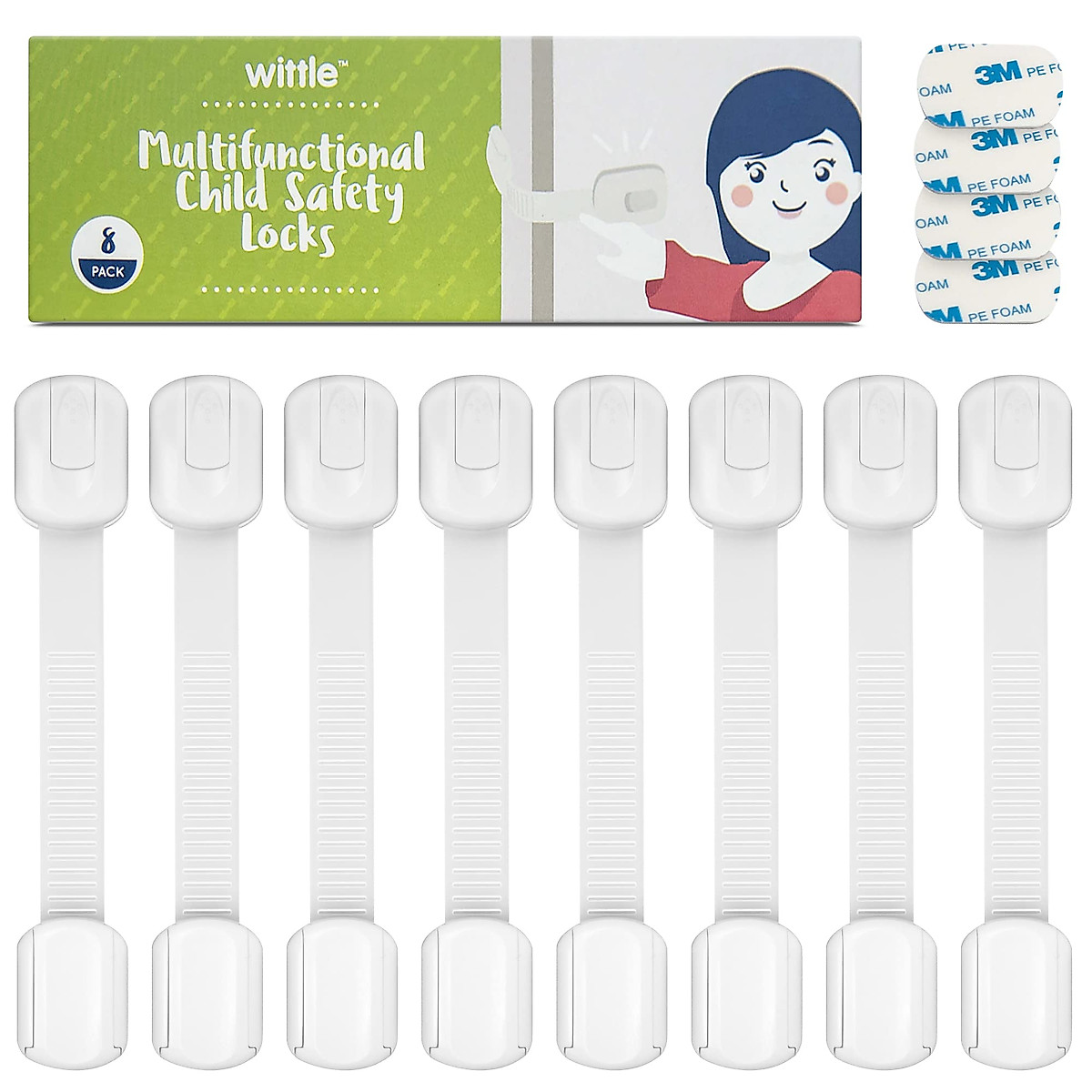 8-Pack Child Safety Cabinet Locks - Adjustable Child Cabinet Locks with 3M Adhesives - White and Clear Baby Locks for Cabinets and Drawers, and More - Easy to Install Baby Proofing Cabinets by Wittle